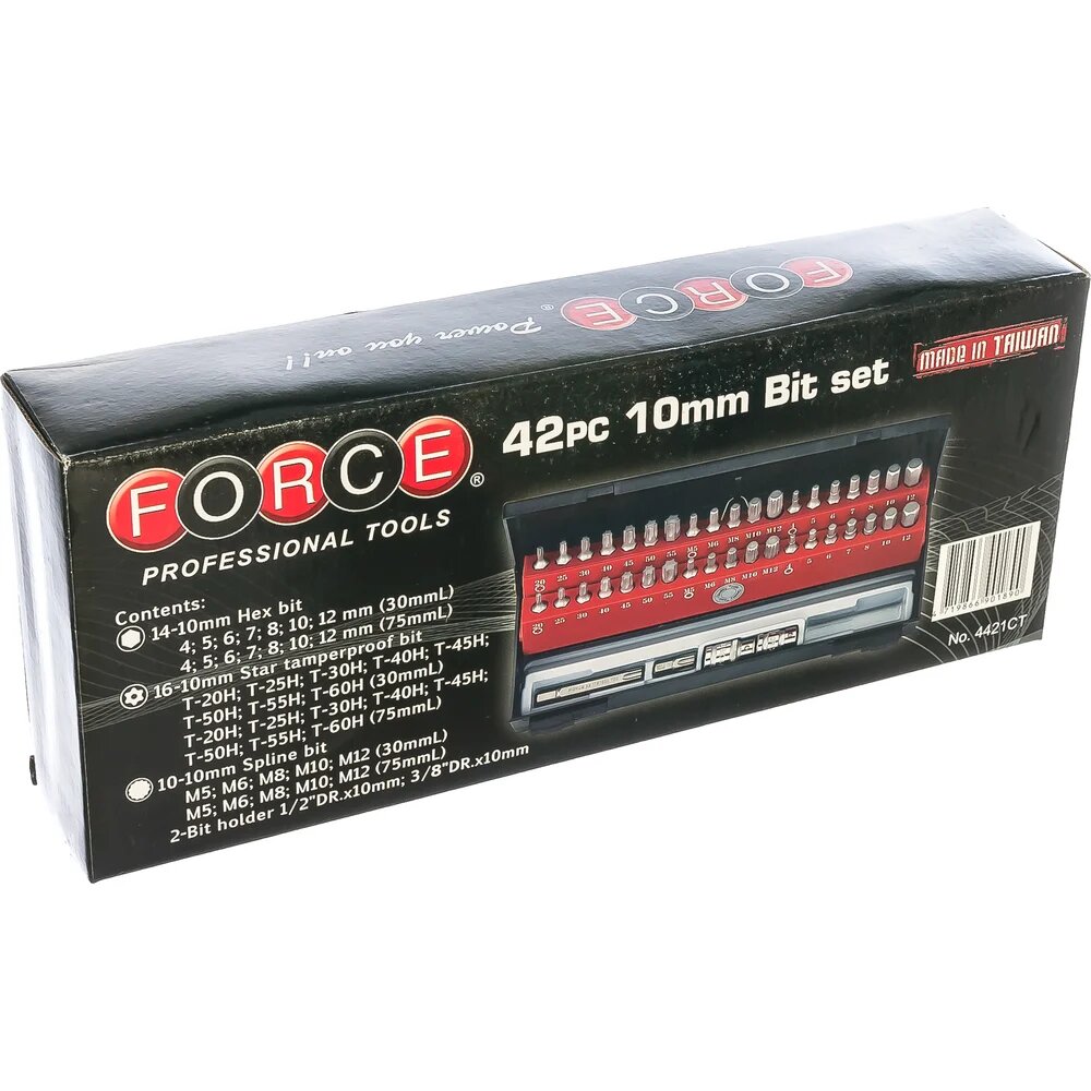 Набор бит FORCE 4421C, 42 шт, шестигранник, Torx и Spline-M, длина 30/75 мм, с футляром для удобного хранения — фото 1