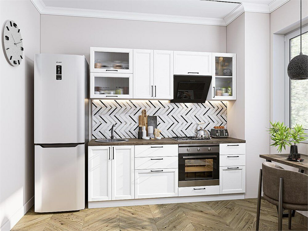 VVT Кухонный гарнитур модульный Сканди-02, каркас ЛДСП Белый, фасад МДФ/Стекло White Silkwood, 2140*2200*600 White Silkwood