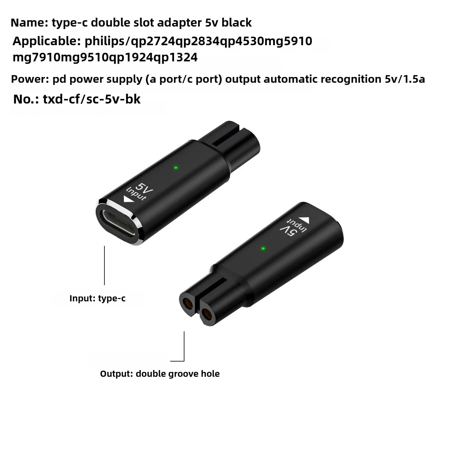 Для бритвы Philips, зарядное устройство USB C к C8, гнездовой адаптер USB 2-контактный преобразователь адаптера питания типа C в постоянный ток 5 В черный