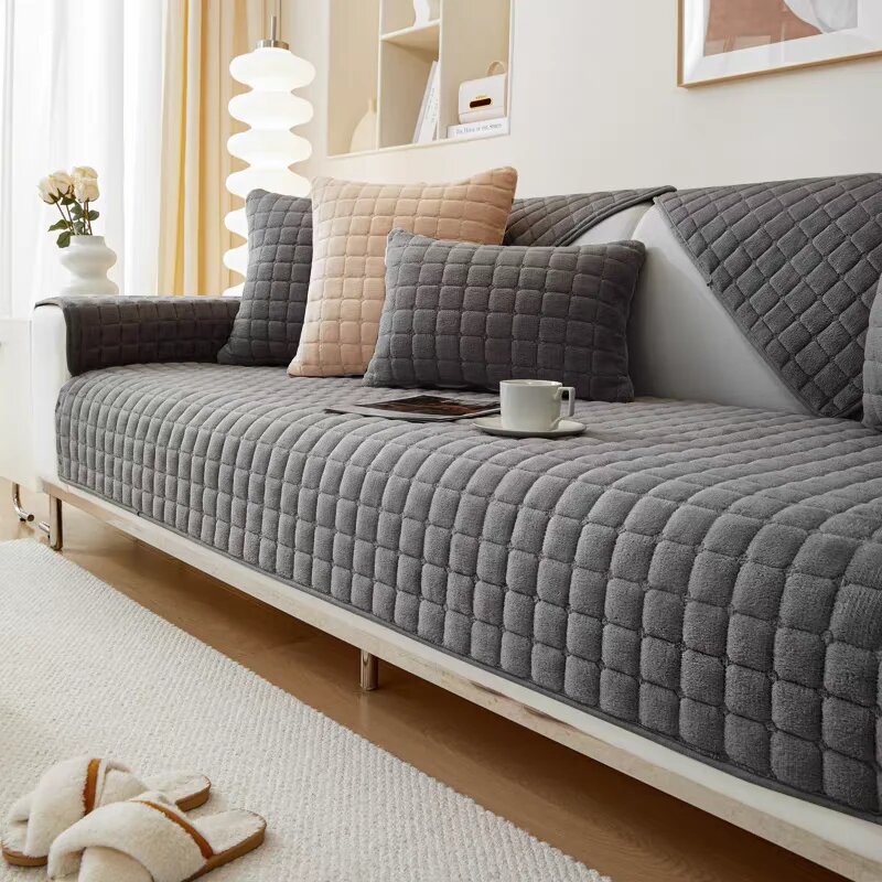 Клетчатый плюшевый чехол для дивана 90x180cm 1pcs, Серый, dark grey