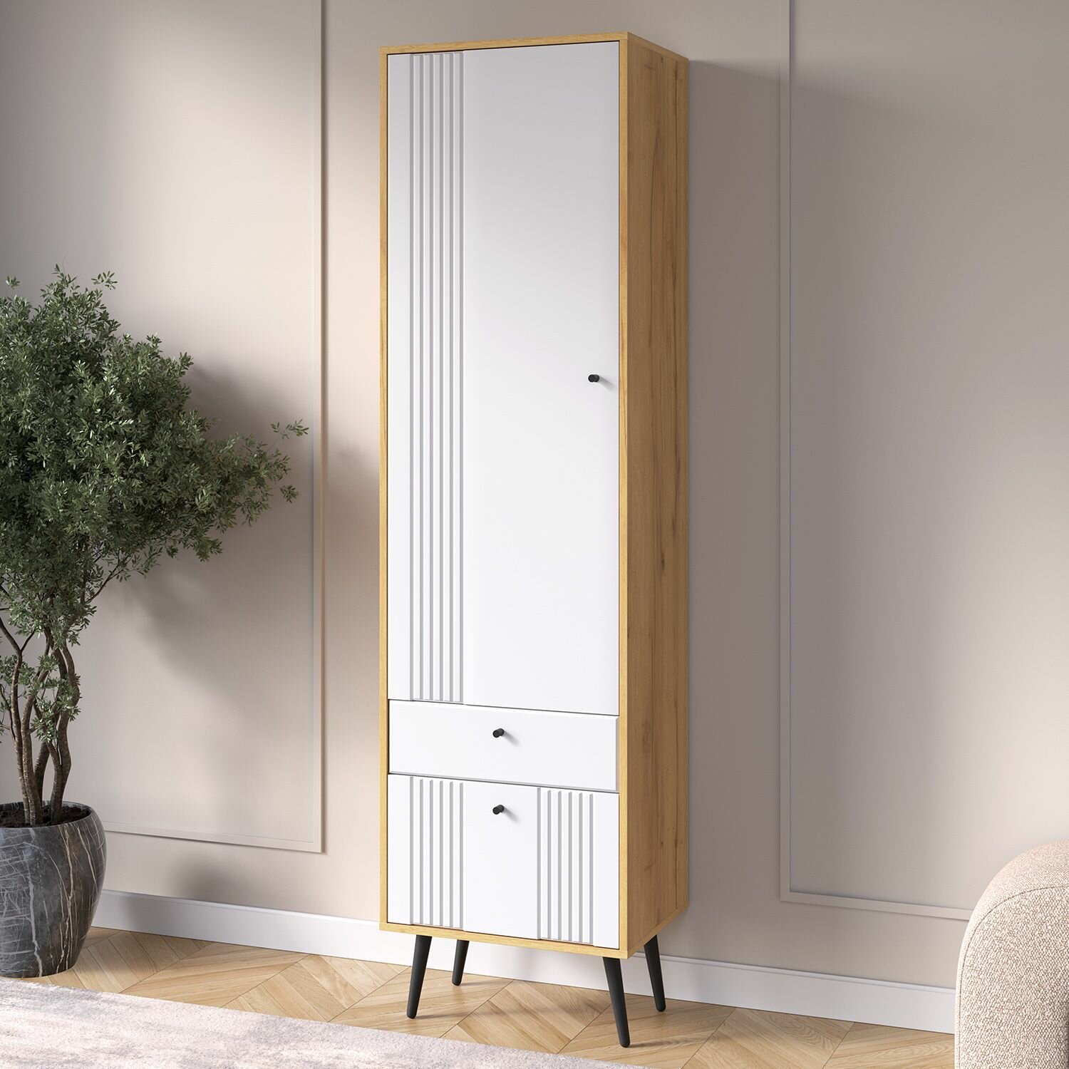 Шкаф-пенал Кураж Дуб золотой крафт, Миндаль, 2 двери, МДФ/ЛДСП