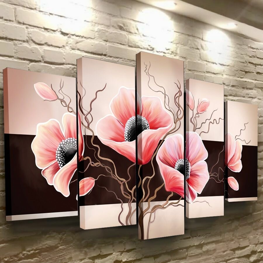 Modul007 Модульная картина для интерьера на стену "Абстракция розовые маки" 140х80 см, 5 модулей
