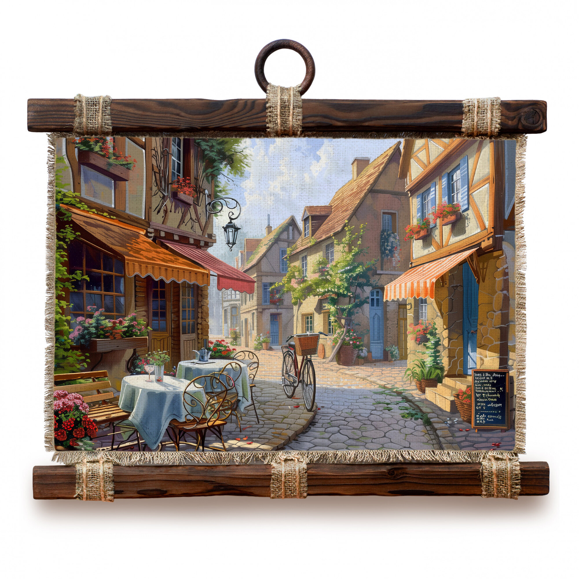 Панно ручной работы Универсальный свиток Улочка с кафе А3 формат картина на холсте