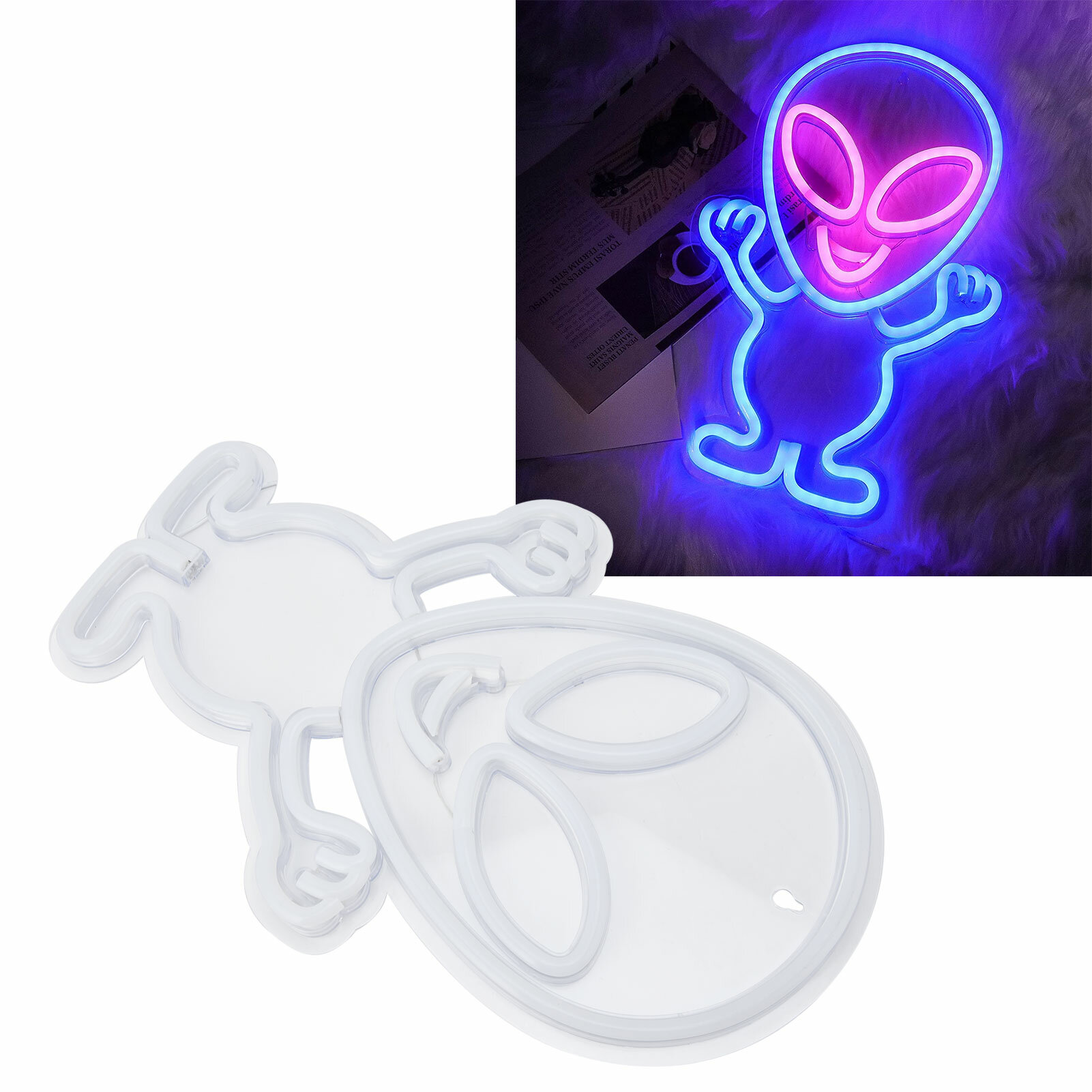 LED Alien Neon Light, USB Powered, Material AS+PVC, Weight 694g, Size 40x25.5cm, USB Cable Length 2m, Power Supply 5V, Service Life 50000H, 1 Piece, Decorative Night Lamp for Home Bar