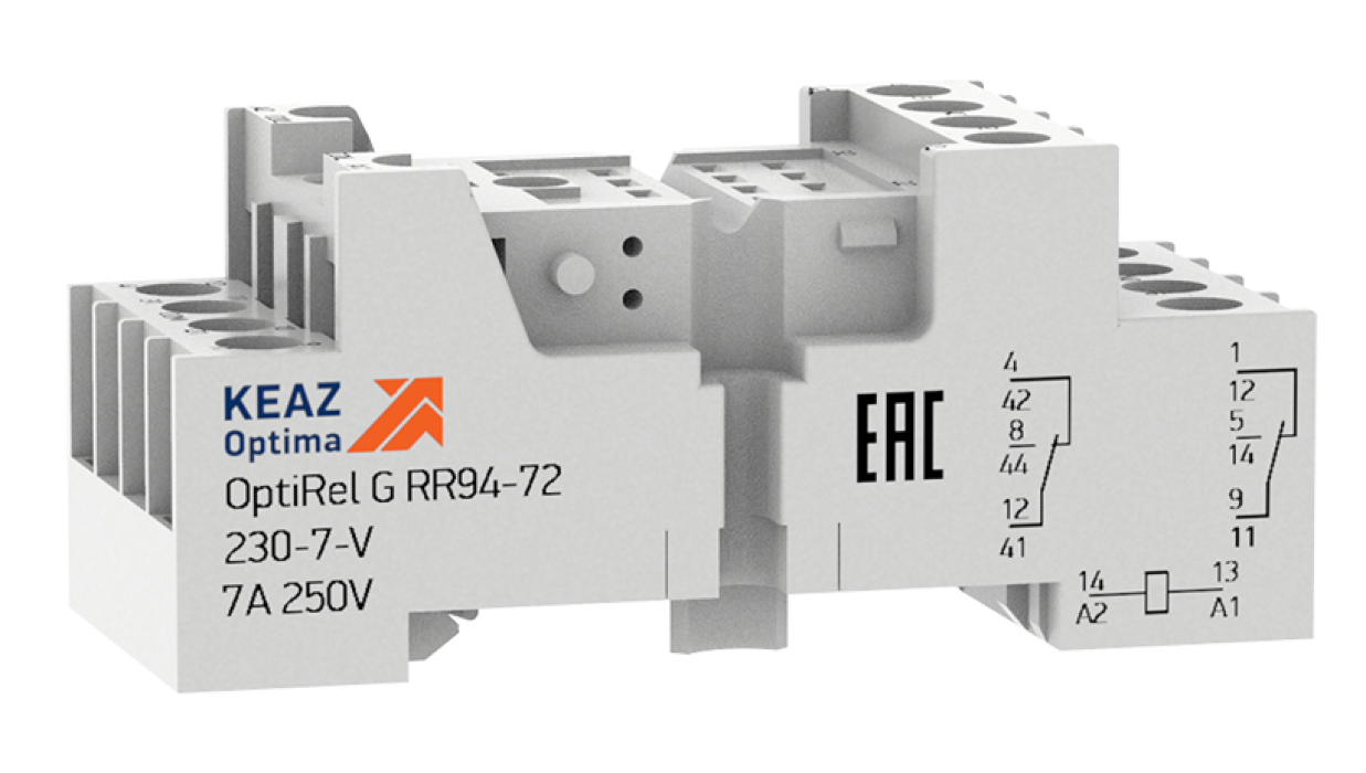 Розетка для реле КЭАЗ OptiRel G RR94-74-230-7-V с зажимами выводов, в пластиковом корпусе, серый, 7А, 230В, IP20 / электрика