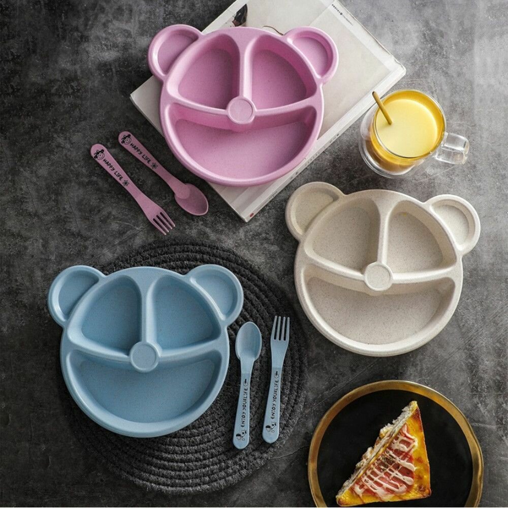 Детская обеденная тарелка, посуда с рисунком медведя из мультика, сетка из пшеничной соломы