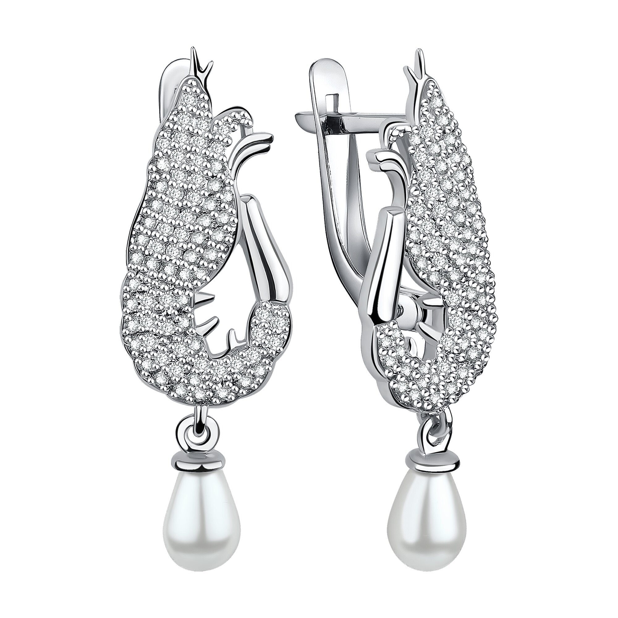 Серьги, серебро, 925 проба, родирование, жемчуг, фианит