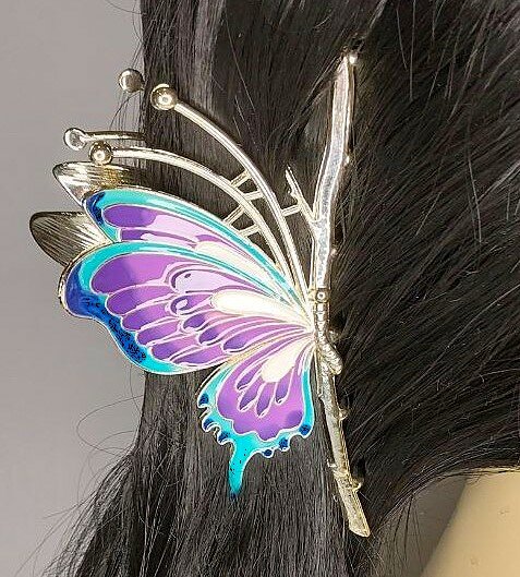 Заколка-краб "Бабочка" со стразами. Разноцветная. Синяя . Усиленная.