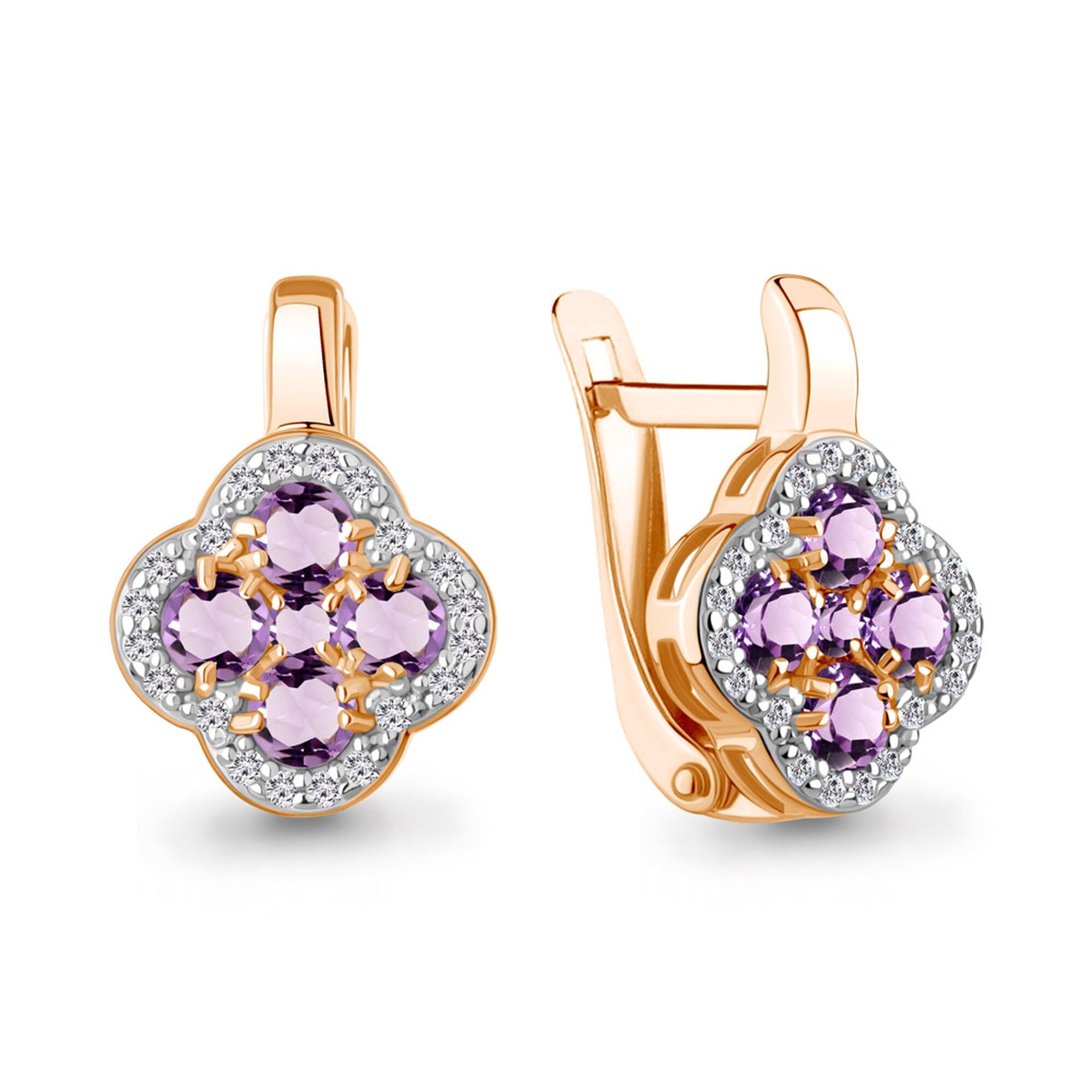 Серьги, серебро, 925 проба, золочение, аметист, фианит