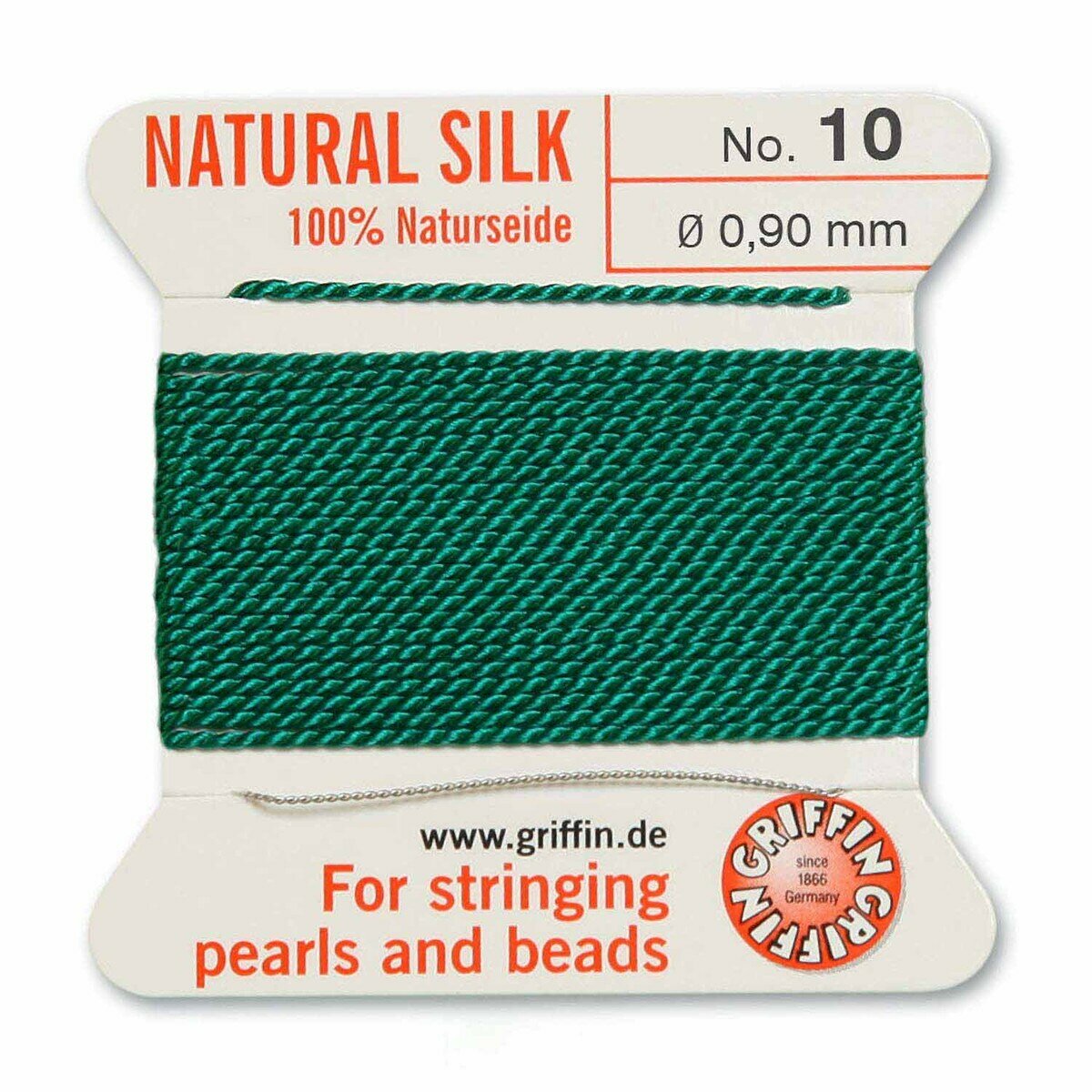 Нить шелковая, Griffin No.10 (0.9мм), изумрудно-зелёная, с иглой, моток, 2 метра