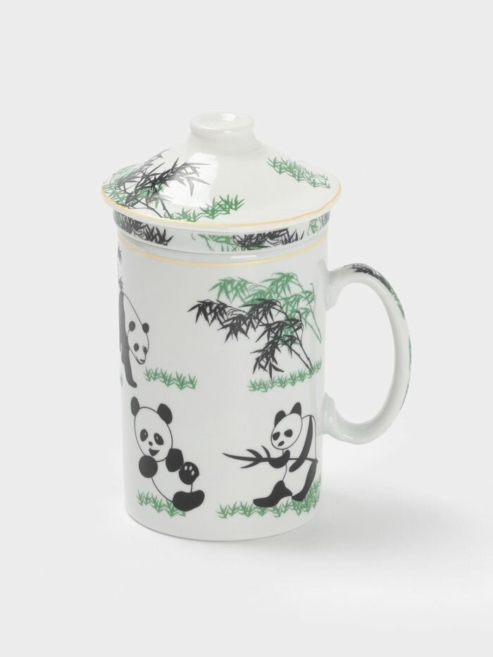 Кружка КНР "Панды", керамическая, с крышкой и ситом, 300 мл, белая