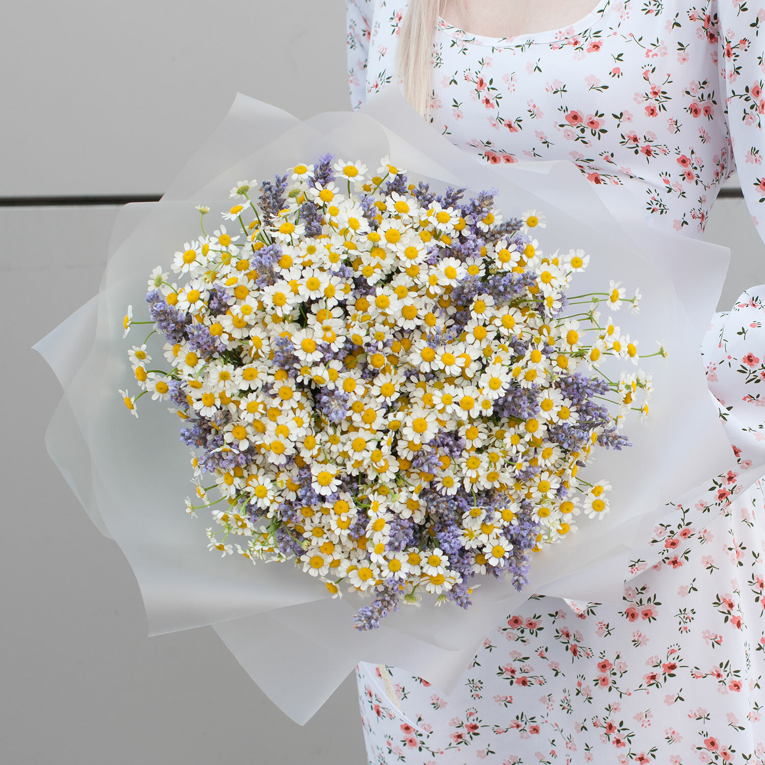 Букет из ромашек и лаванды в подарочной упаковке "Лавандовое лето"