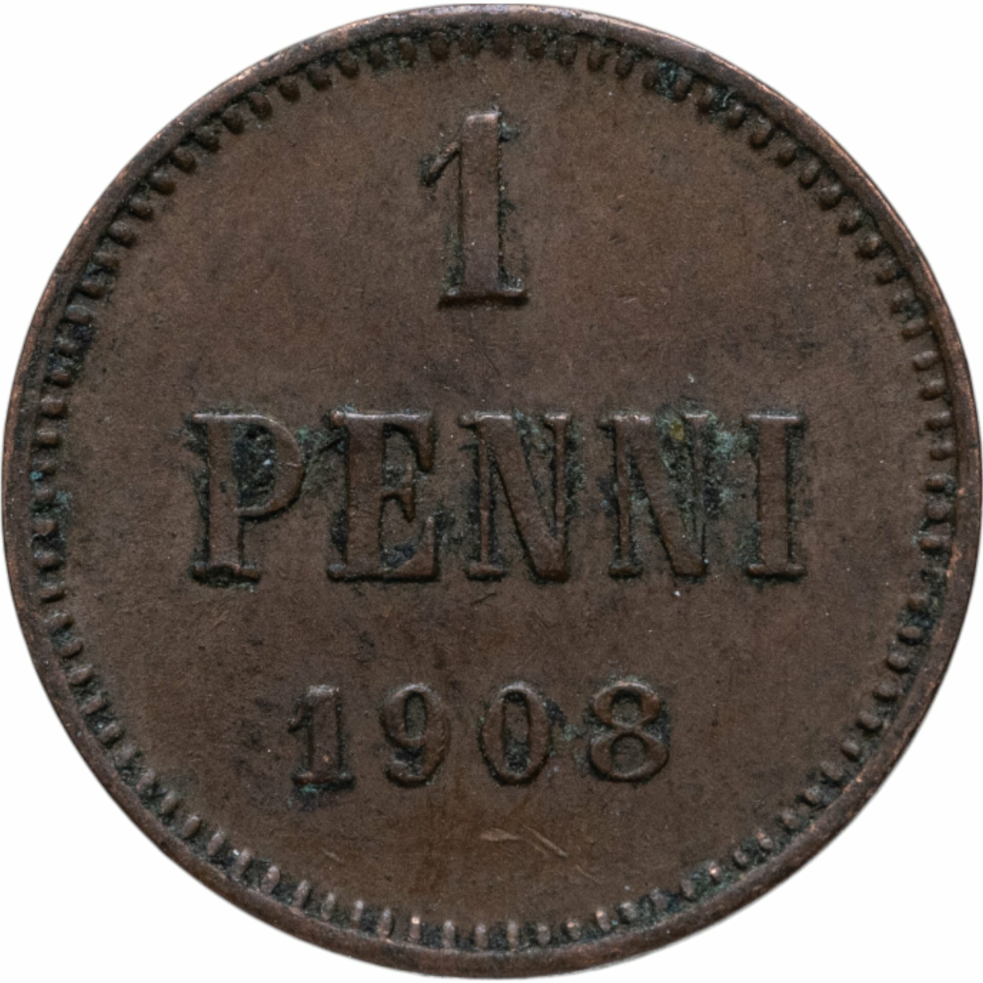 1 пенни penny 1908, монета для Финляндии, Медь, в сохранности XF-AU