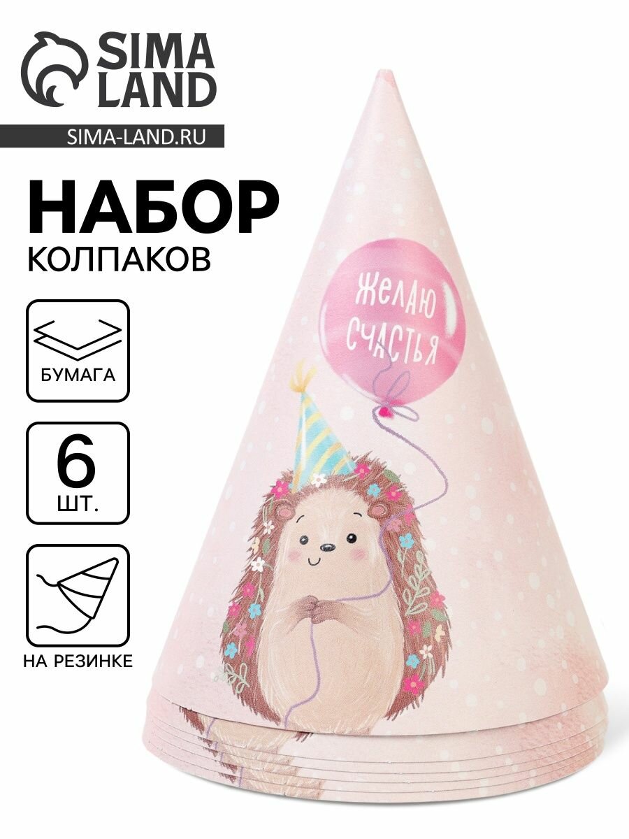 Набор колпаков праздничных Желаю счастья, ёжик, 6 шт.
