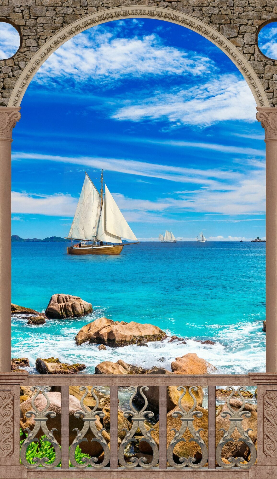 Фотообои Уютная стена "Арка с видом на парусный корабль" 160х270 см Бесшовные Премиум (единым полотном)
