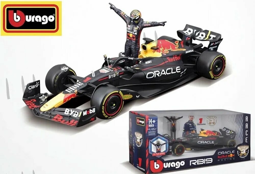 Коллекционная модель "Bburago" болида "Ред Булл" Макса Ферстаппена + фигурка гонщика. (Max Verstappen "Red Bull" RB19 №1) Формула-1 сезон 2023. Масштаб 1:24. Длина-24 см1