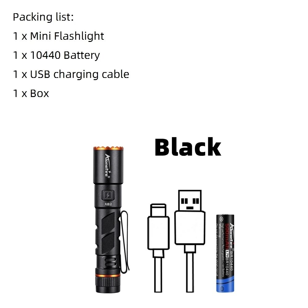 AloneFire X82 Фонарик Черный, USB, 10440