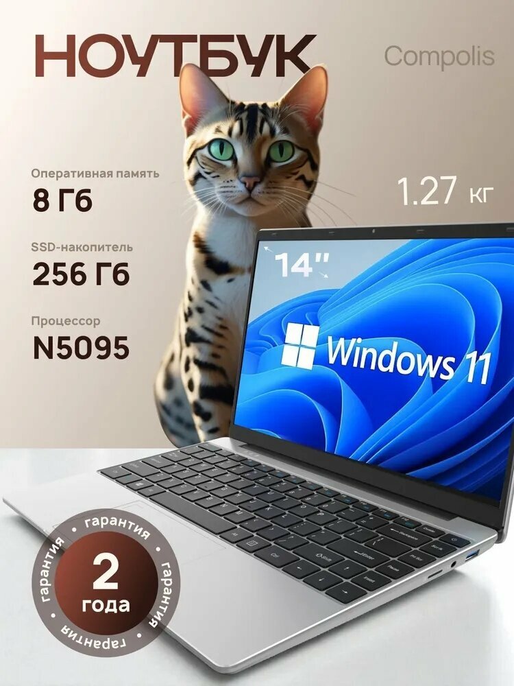 Compolis для работы Ноутбук 14", Intel Celeron N5095, RAM 8 ГБ, SSD 256 ГБ, Intel UHD Graphics, Windows Pro, серебристый, Русская раскладка