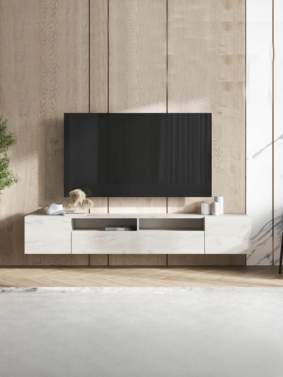 Тумба ТВ МИФ Сити 2000х330х346, для дома, дачи, гостиной, Дуб крафт белый