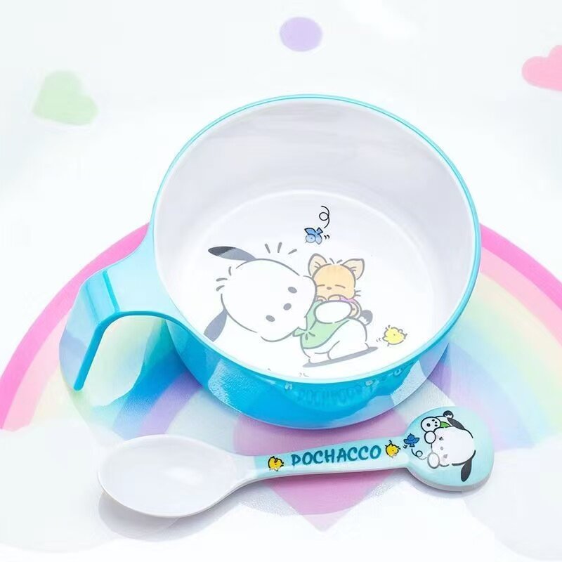 Детская миска для еды Sanrio из пищевого искусственного фарфора, прочная детская теплоизоляция и защита от ожогов, бытовая ручка, миска для супа с лапшой, посуда (Цвет товара: light blue; Объем: 0.57 л; Диаметр: 12.5 см)