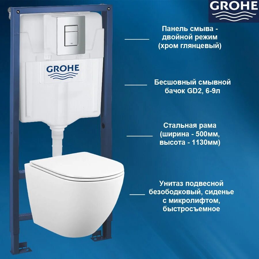 38772001T1 Комплект инсталляция GROHE 38772001 и унитаз подвесной безободковый с сиденьем микролифт