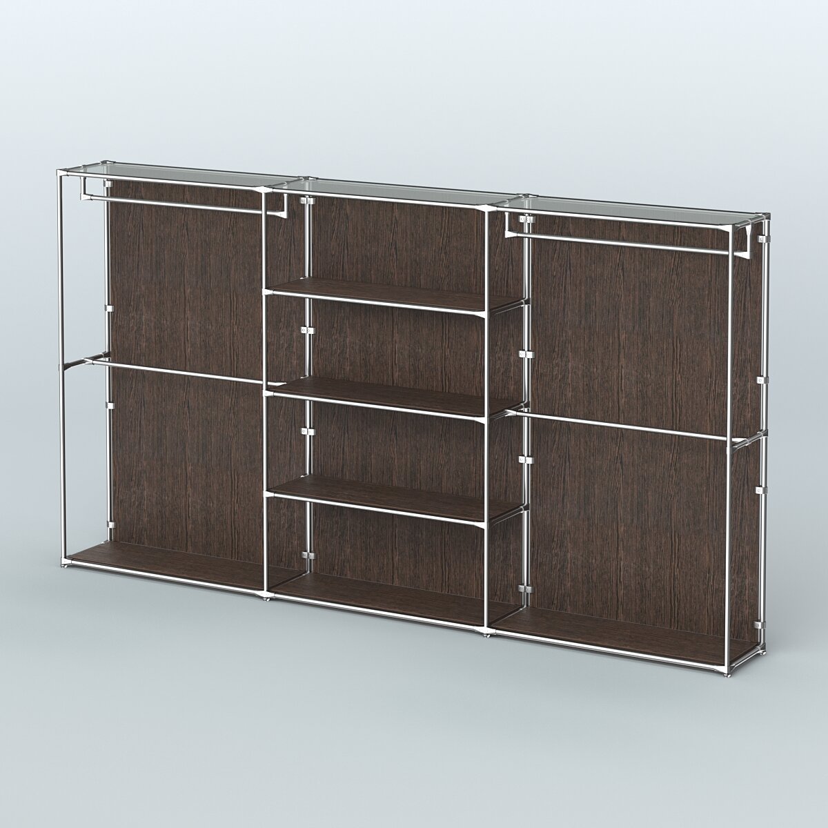 Торговая система хром (задняя стенка - ДСП) 3600 мм с полками ДСП и поручнями №2, Дуб Венге