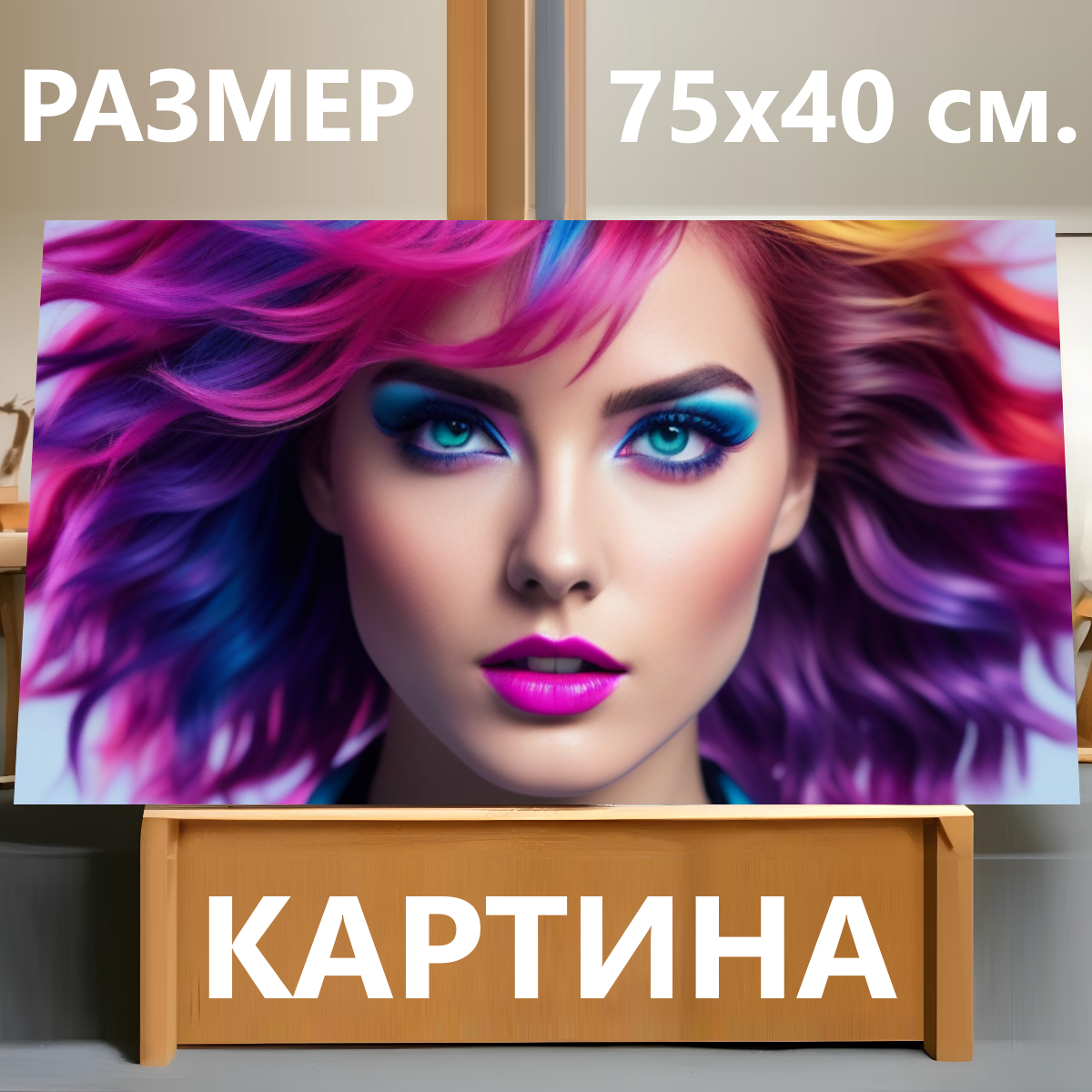 Картина на холсте "Яркие волосы в стиле 80-х" на подрамнике 75х40 см. для интерьера