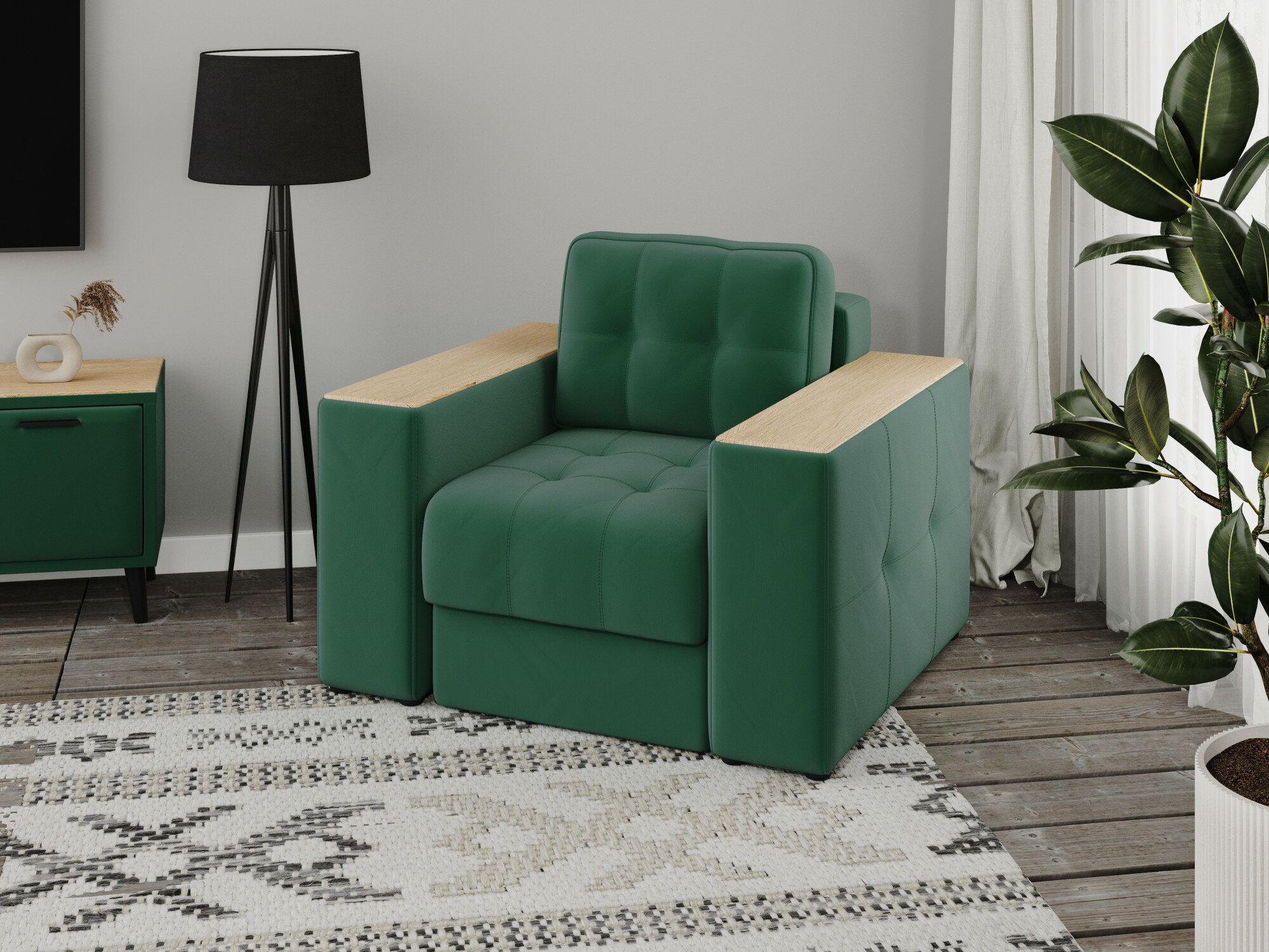 Кресло нераскладное, обивка двухслойный велюр, Изумруд/Дуб канадский