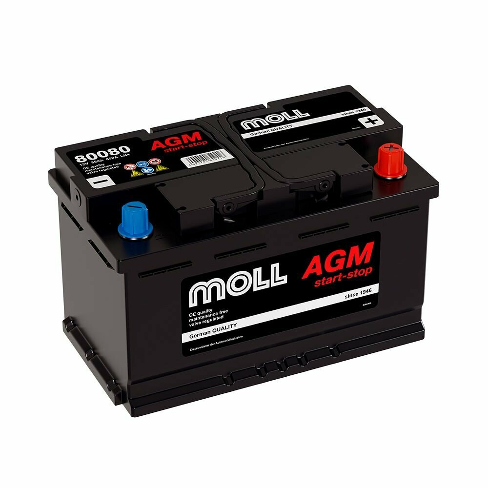 Аккумулятор MOLL AGM 80080 (12В 80Ач 800А 315х175х190мм) обр. пол.
