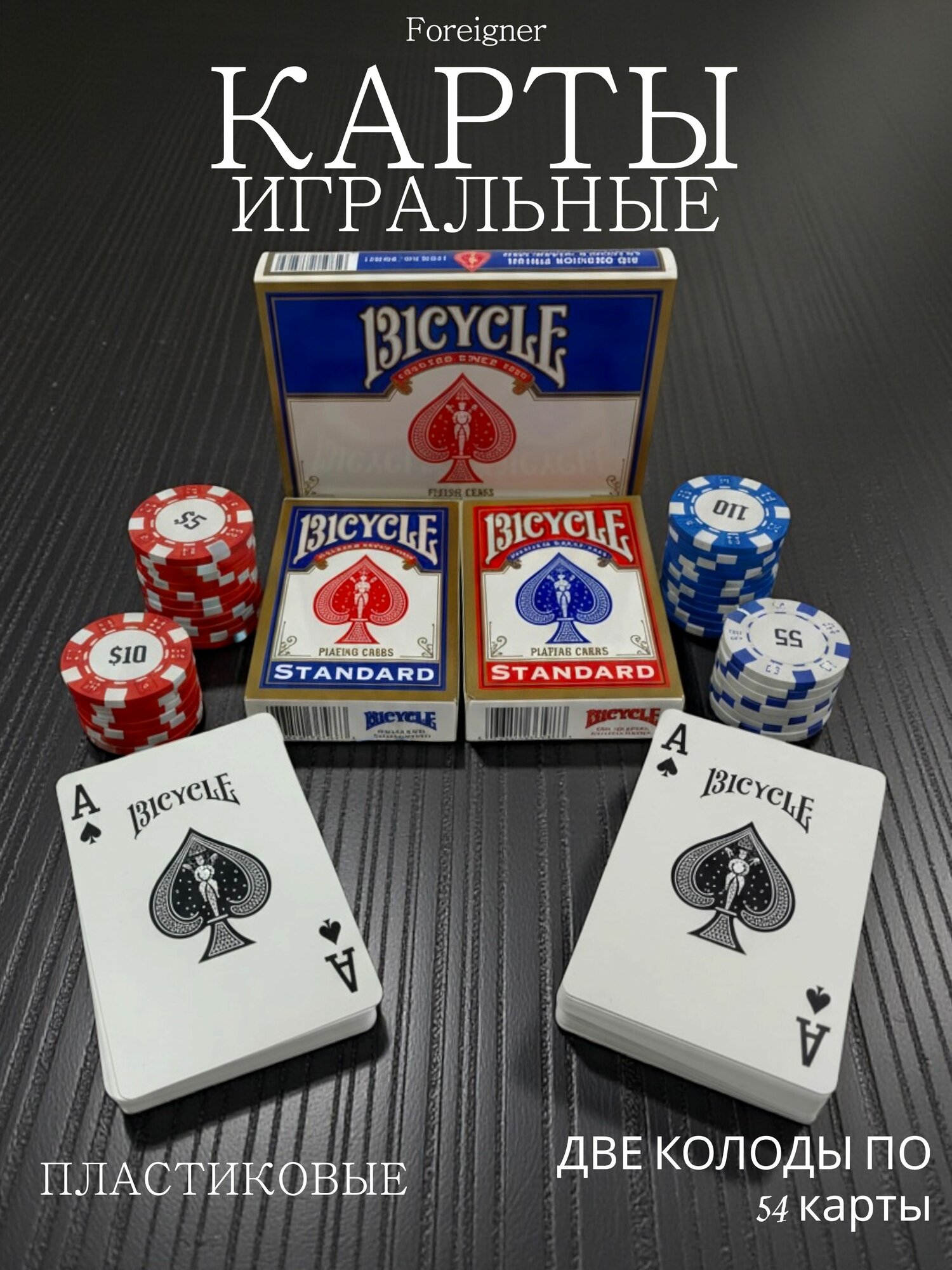 Набор игральных карт пластиковые BICYCLE 54 шт в колоде, для покера, карточных игр и досуга