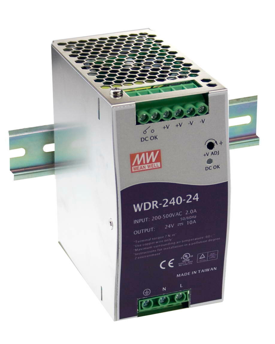 Блок питания MEAN WELL AC-DC, 240 Вт, широкий вход AC 180-550В, 47-63 Гц, DC 254-780В, выход 24В 0-10А, регулировка выхода 24-28В, в кожухе, на DIN-рейку