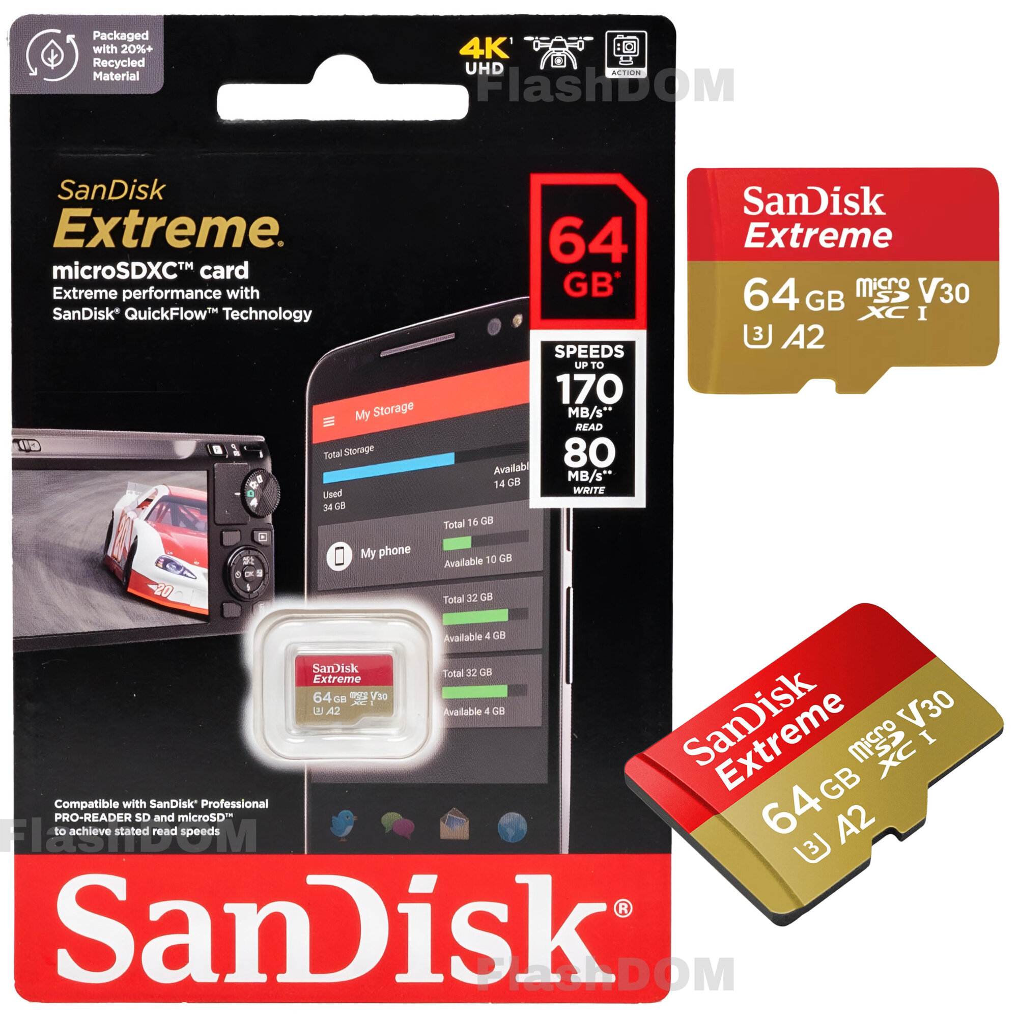 Карта памяти SanDisk Extreme microSDXC 64 ГБ Class 10 UHS-I V30 A2, 170/80 Mb/s