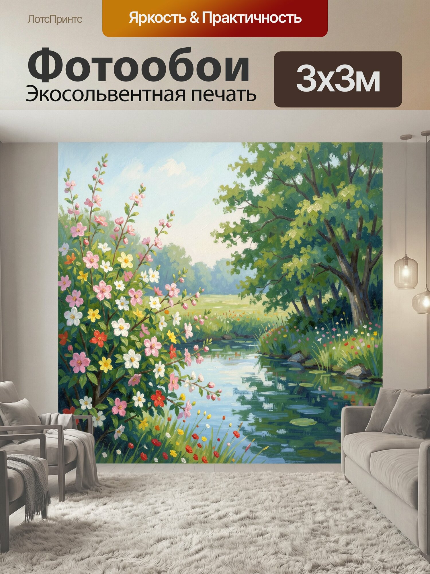 Фотообои "Цветущий сад у тихой воды. Нежная летняя живопись с цветущими ветвями, зелёными деревьями и спокойным ручьём. Пастельные розовые, жёлтые." 300x300 см. экосольвентная печать