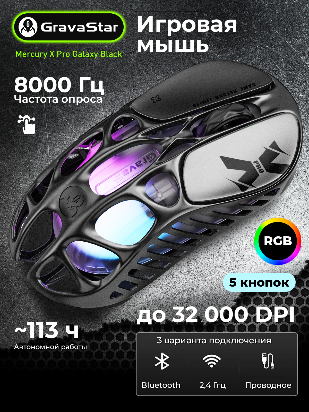 Компьютерная мышь Gravastar Mercury X Pro Galaxy Black, 3 вида подключения: Bluetooth, 2,4 ГГц, проводное USB