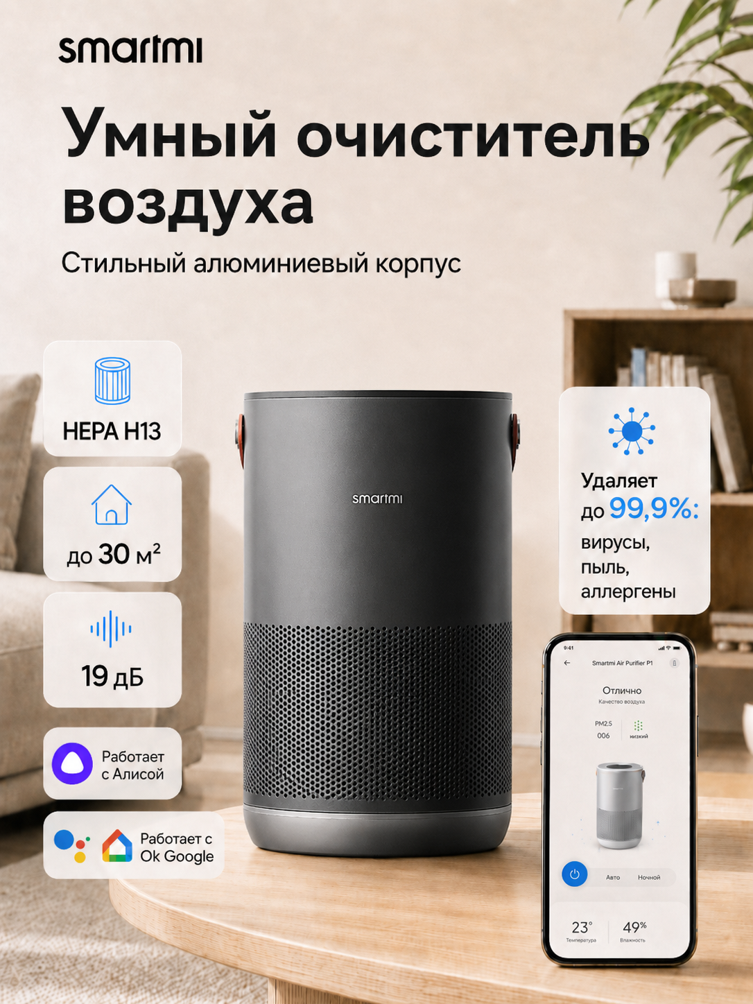 Очиститель воздуха Smartmi Air Purifier P1, с Алисой, HEPA-фильтр, Wi-Fi, серый