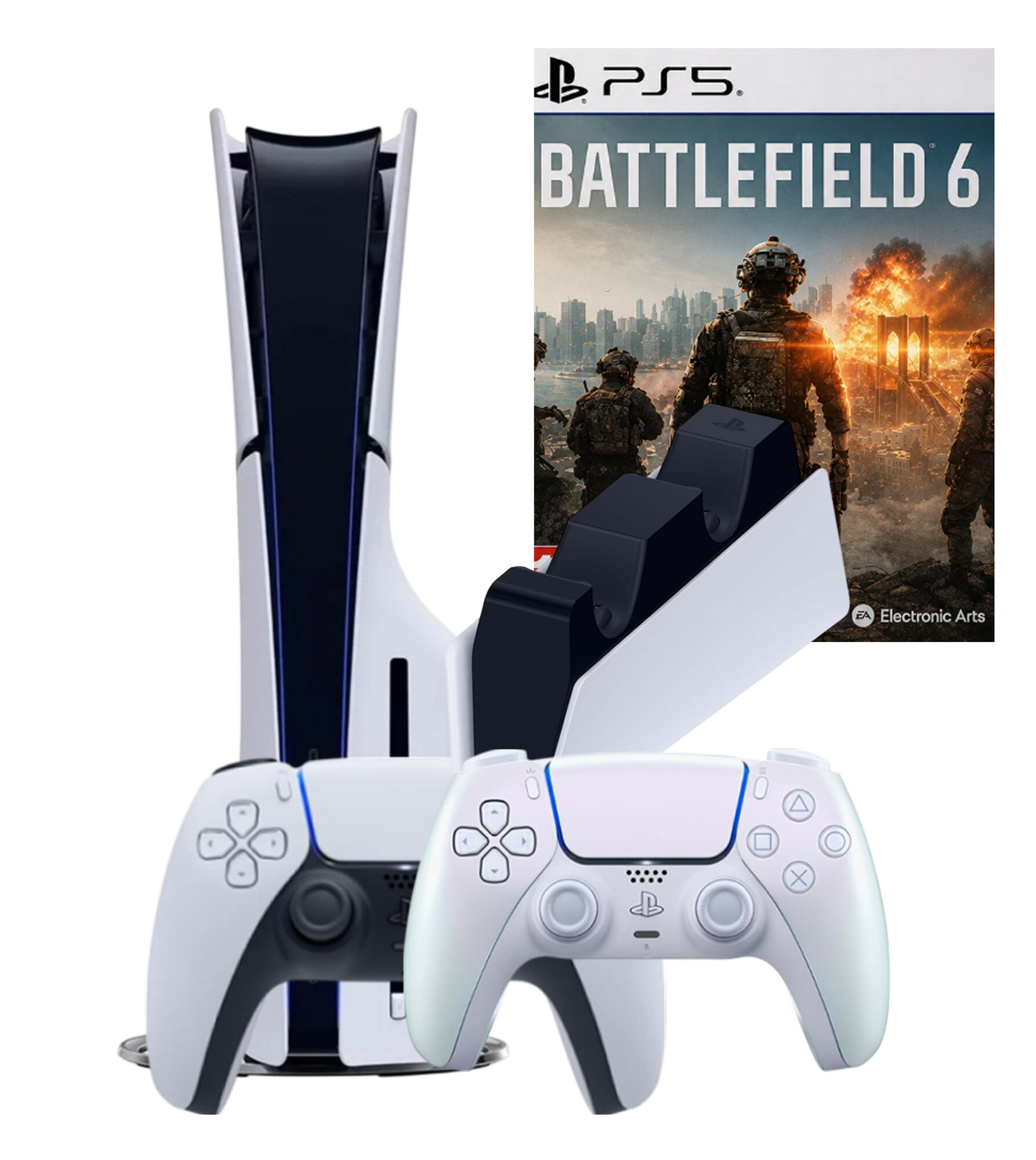 Игровая приставка PlayStation 5 Slim Disk + Battlefield 6+Dualsense Charging Station+DualSense PS5 Chrome Pearl