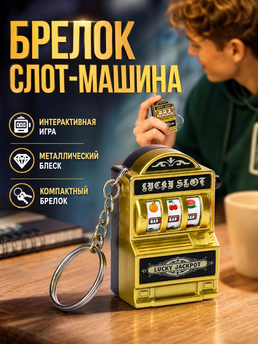 Игрушка-антистресс серебристый брелок-слот-машина с кольцом, "Lucky Slots"