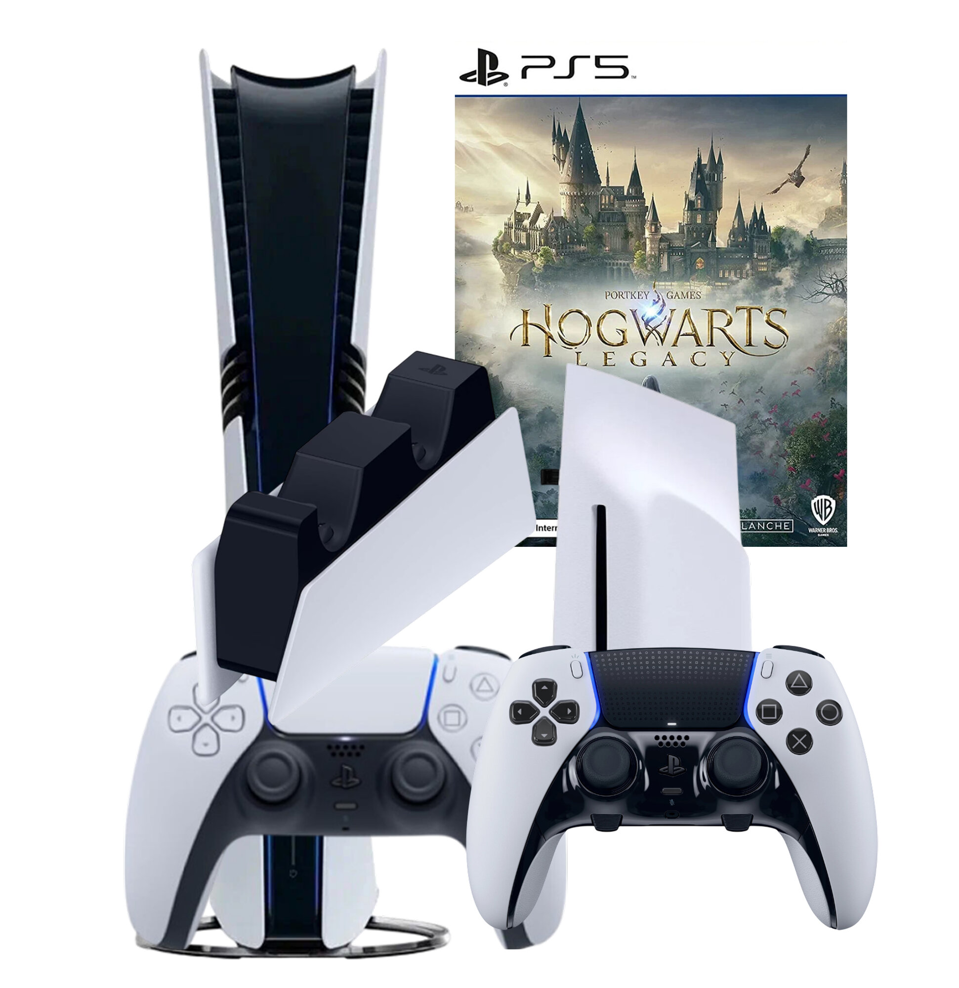 Игровая приставка PS5 Pro + 2й геймпад Edge White белый + игра Hogwarts Legacy + станция зарядки + дисковод