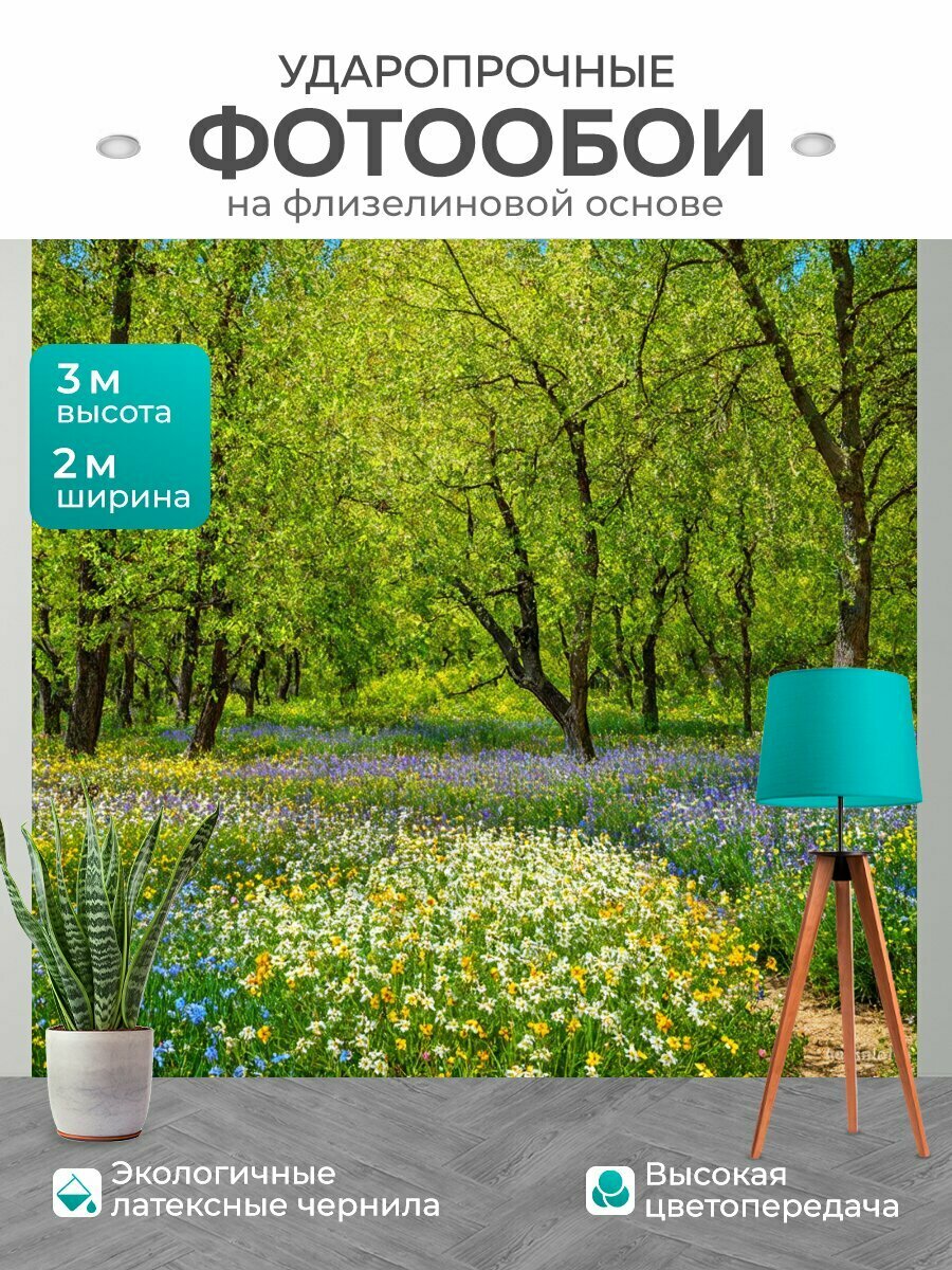 Фотообои моющиеся ударопрочные "Лес в стиле прованс, с цветами и деревьями, полными стиля и колорита" 300x300 см. флизелиновые на стену