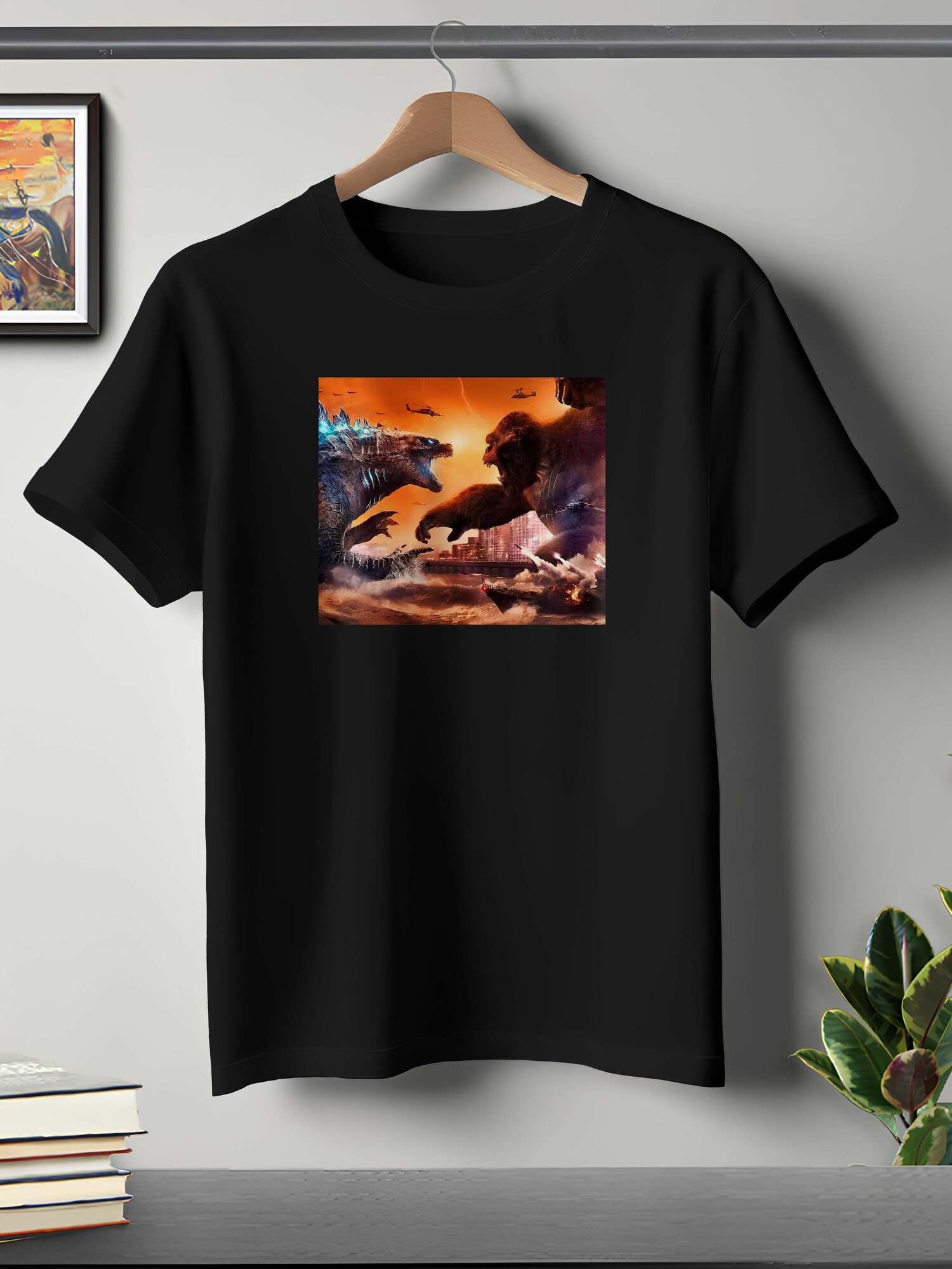 Футболка  Детская ONEQ 122 (7-8) размер с принтом Годзилла и Конг, черная