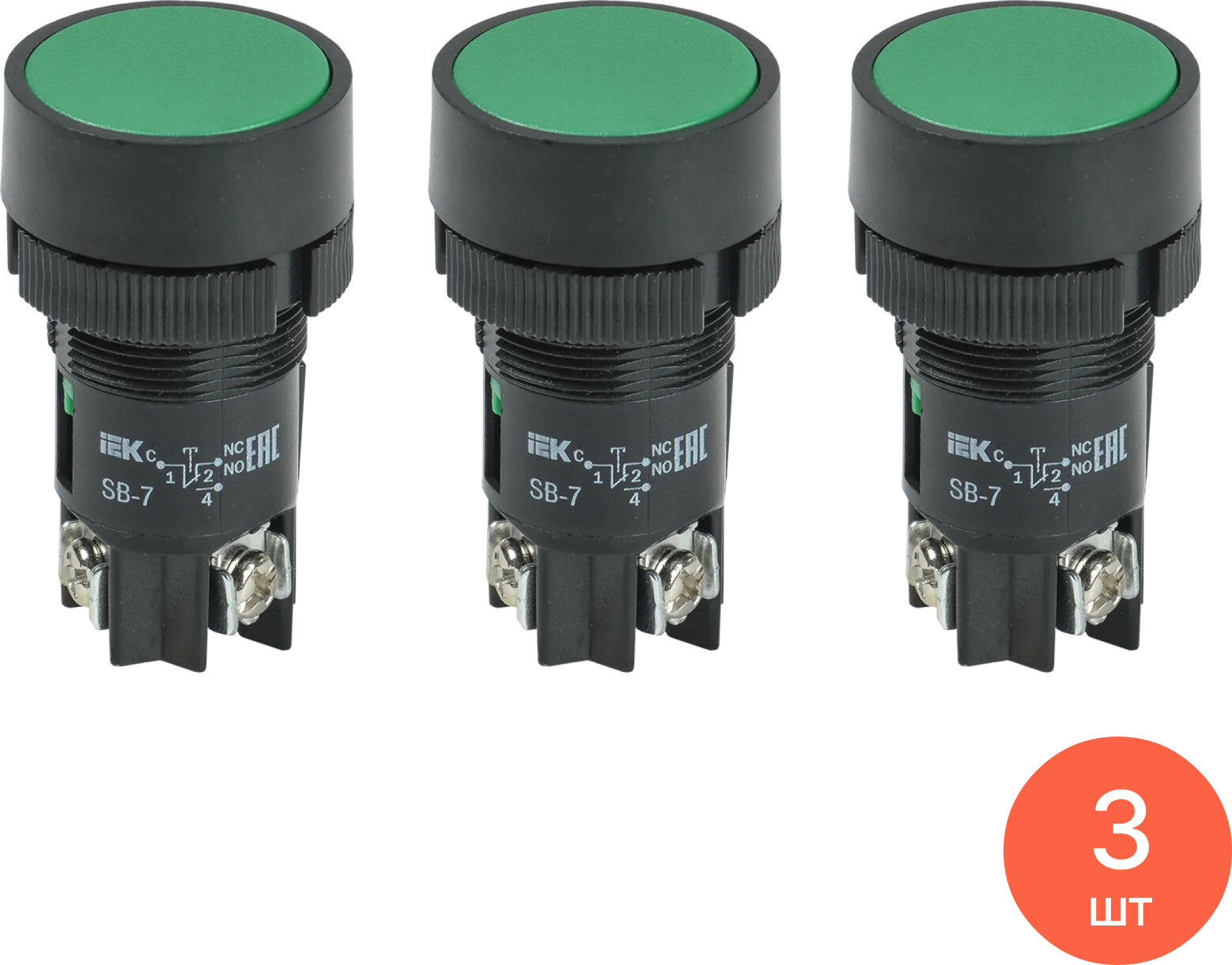 Кнопка управления IEK / ИЭК SВ-7 Пуск плоская, 1з+1р, зеленая, 10А 240В IP40, под отверстие диаметром 22мм, BBT40-SB7-K06 / кнопочный пост (комплект из 3 шт)