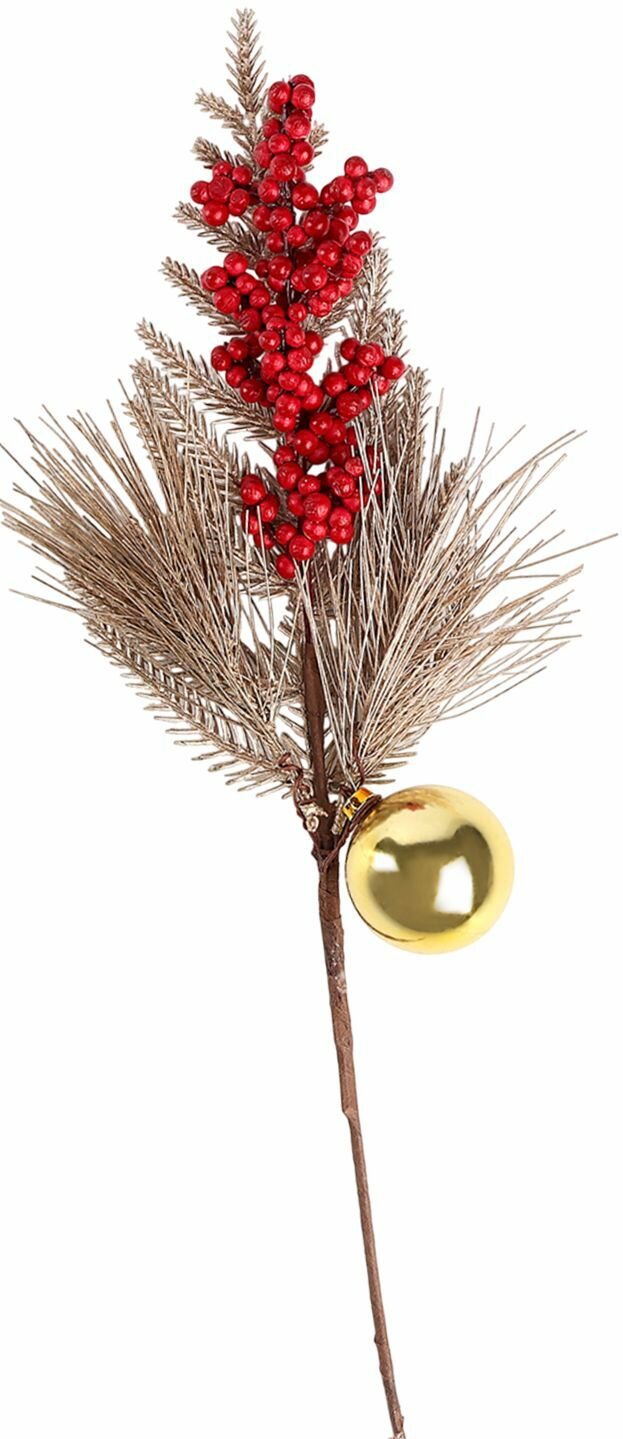 Новогодний декор "Золотая веточка" с ягодками, ветка еловая декоративная, украшение для дома и интерьера, материалы-заготовки для творчества, 36х16х5 см