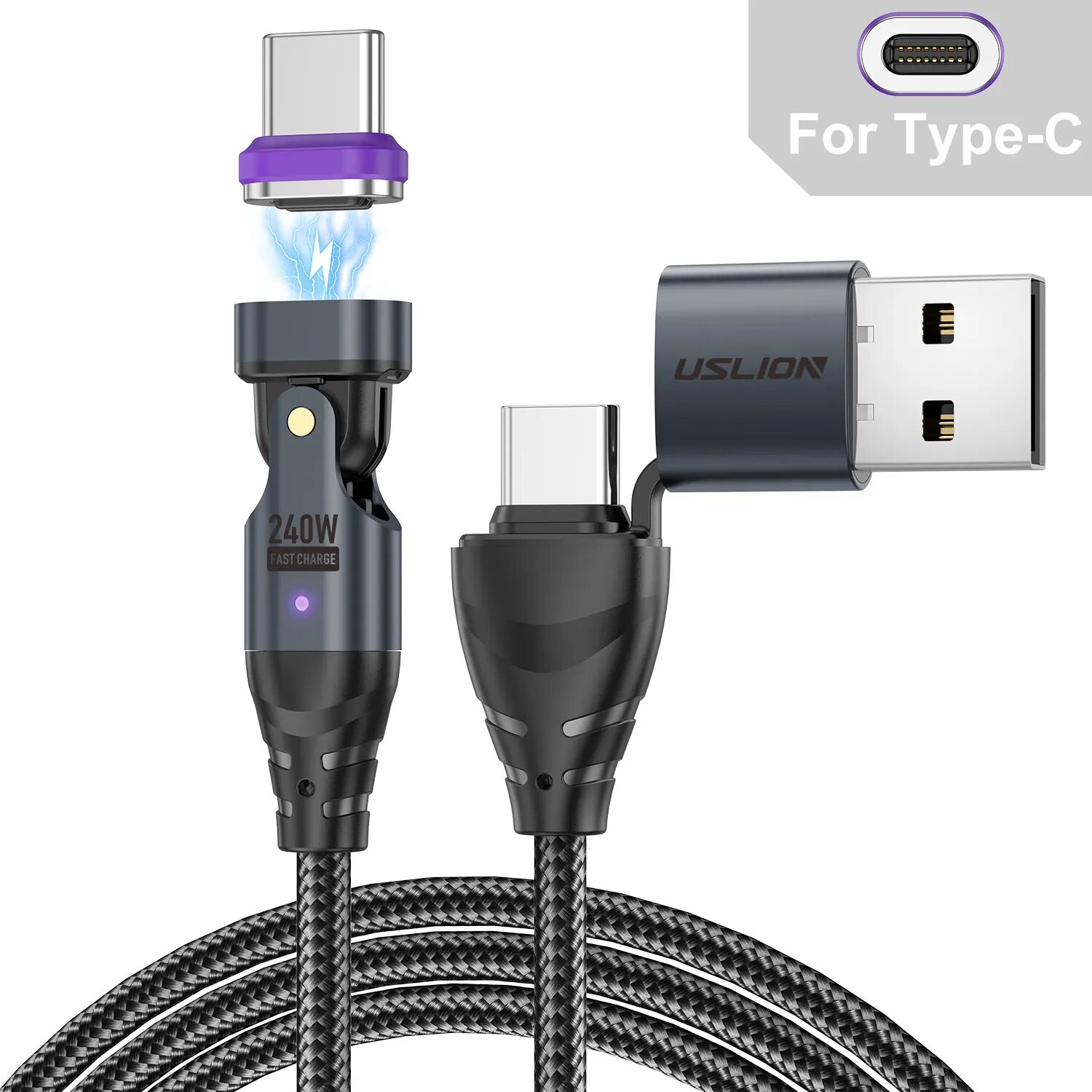 USLION 6 в 1 240 Вт PD3.1 Магнитный USB-кабель типа C Micro Шнур для быстрой зарядки данных для Macbook Pro iPad iPhone 16 15 Xiaomi Huawei