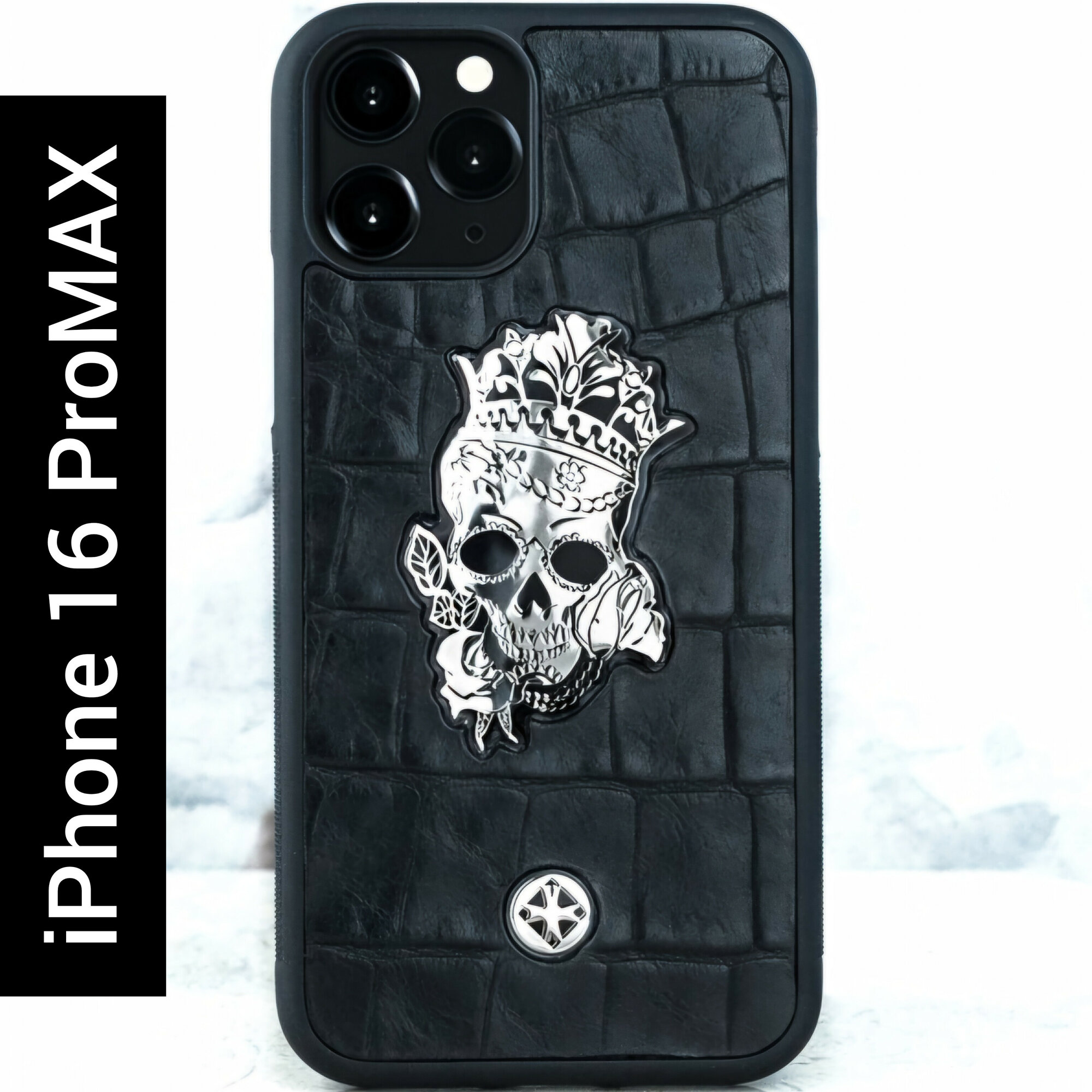 Чехол iPhone 16 Pro Max / Princess Calavera Black CROC - Euphoria HM Premium - череп металл, натуральная кожа