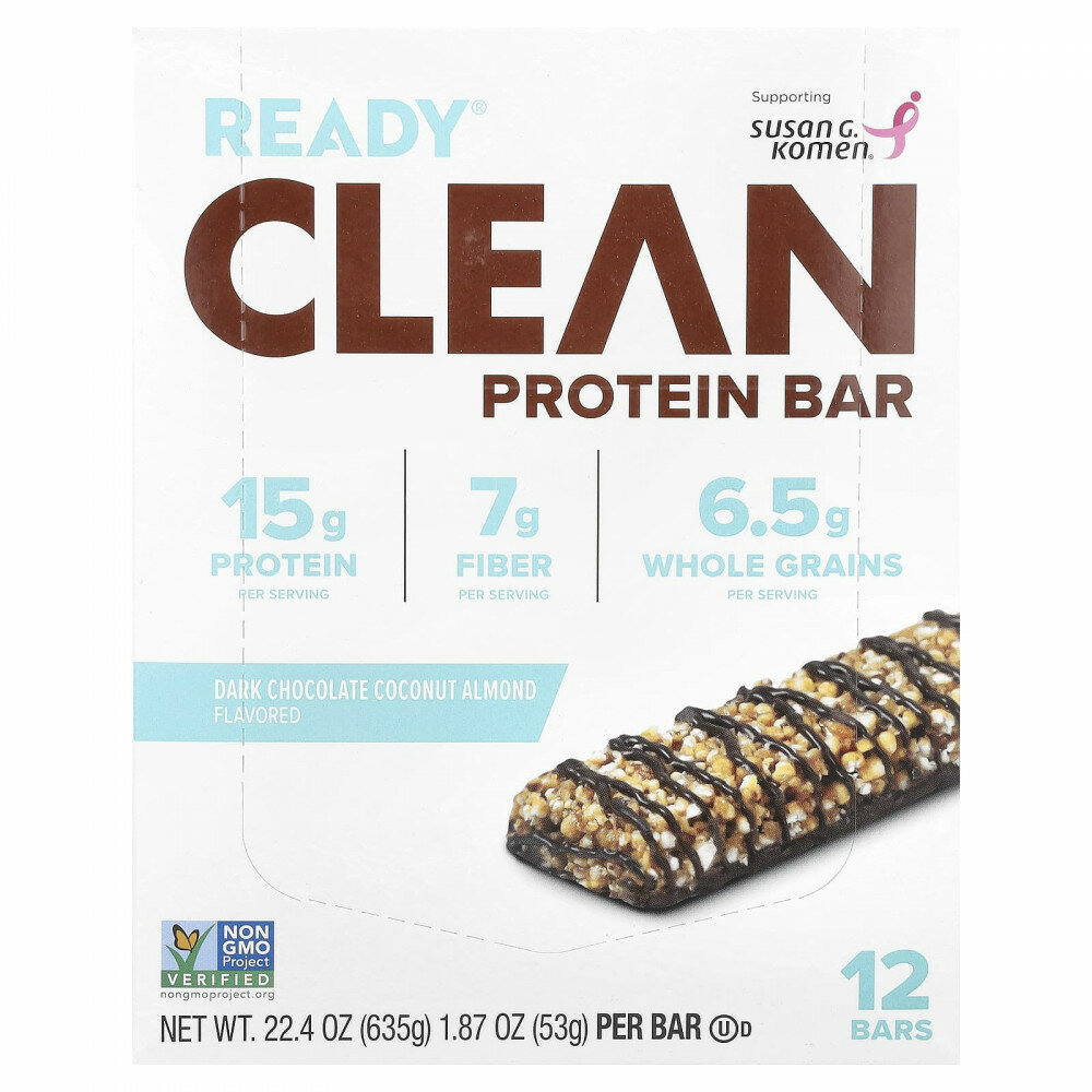 Ready, Clean Protein Bar, темный шоколад, кокос и миндаль, 12 батончиков, 53 г (1,87 унции)