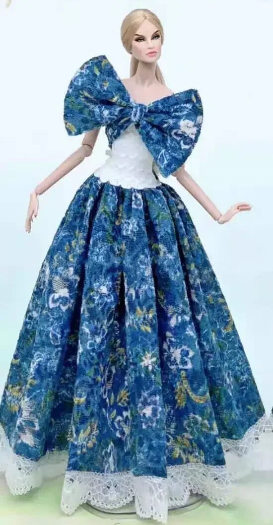 Платье для куклы Барби, синее с цветочным принтом, dress and veil 11