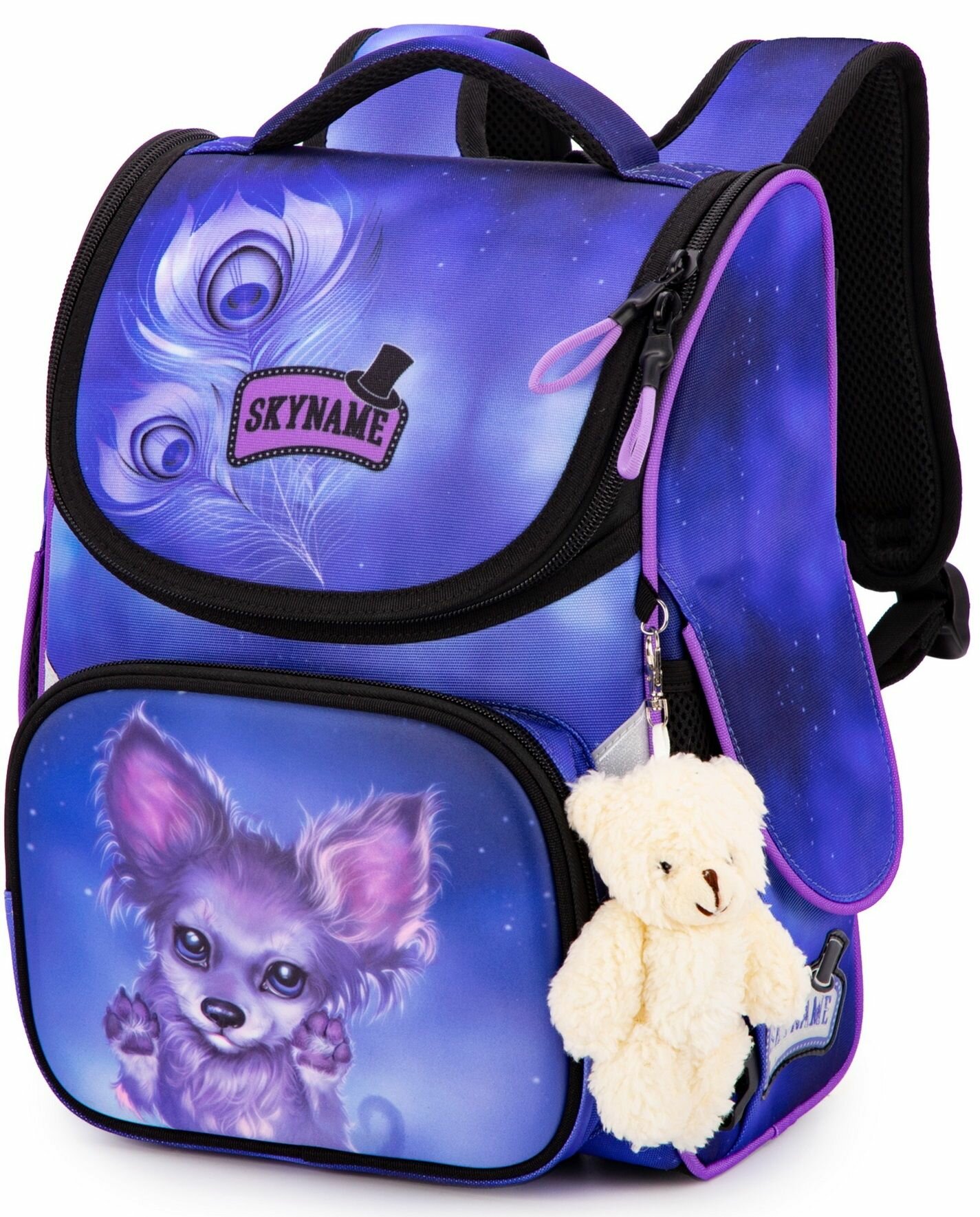 Ранец школьный для девочки 15 л для начальной школы, каркасный с анатомической спинкой SkyName (СкайНейм), А4, с мишкой