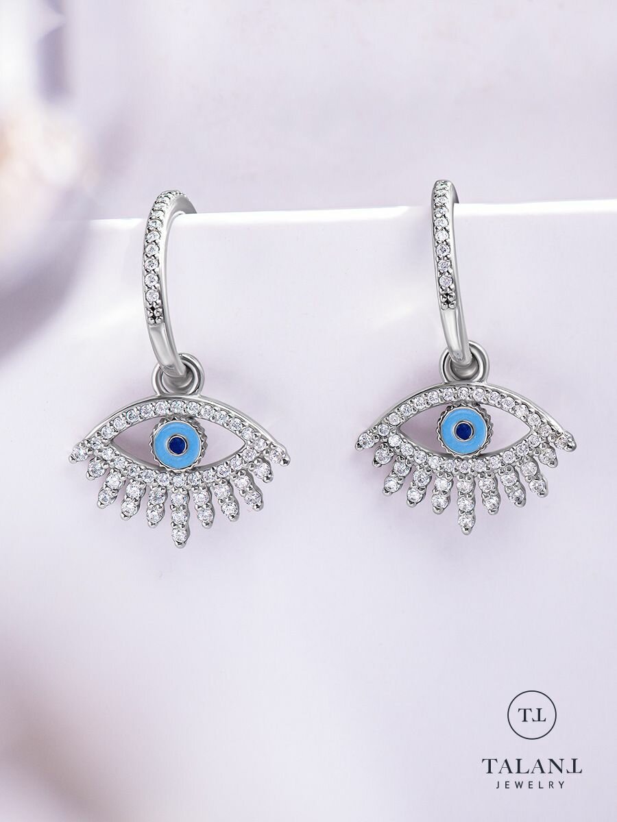 Серьги пусеты TALANT, серебро, 925 проба, родирование, фианит, , серебристый, голубой — фото 1