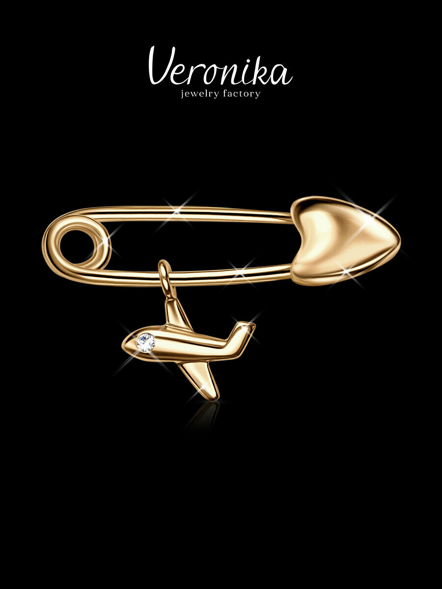 Брошь, серебро, 925 проба, золочение, фианит