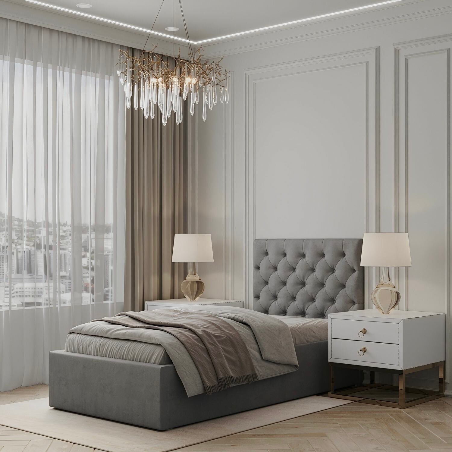 Кровать Ампир с матрасом 80х200 односпальная с подъемным механизмом, с ящиком для белья, темно-серая